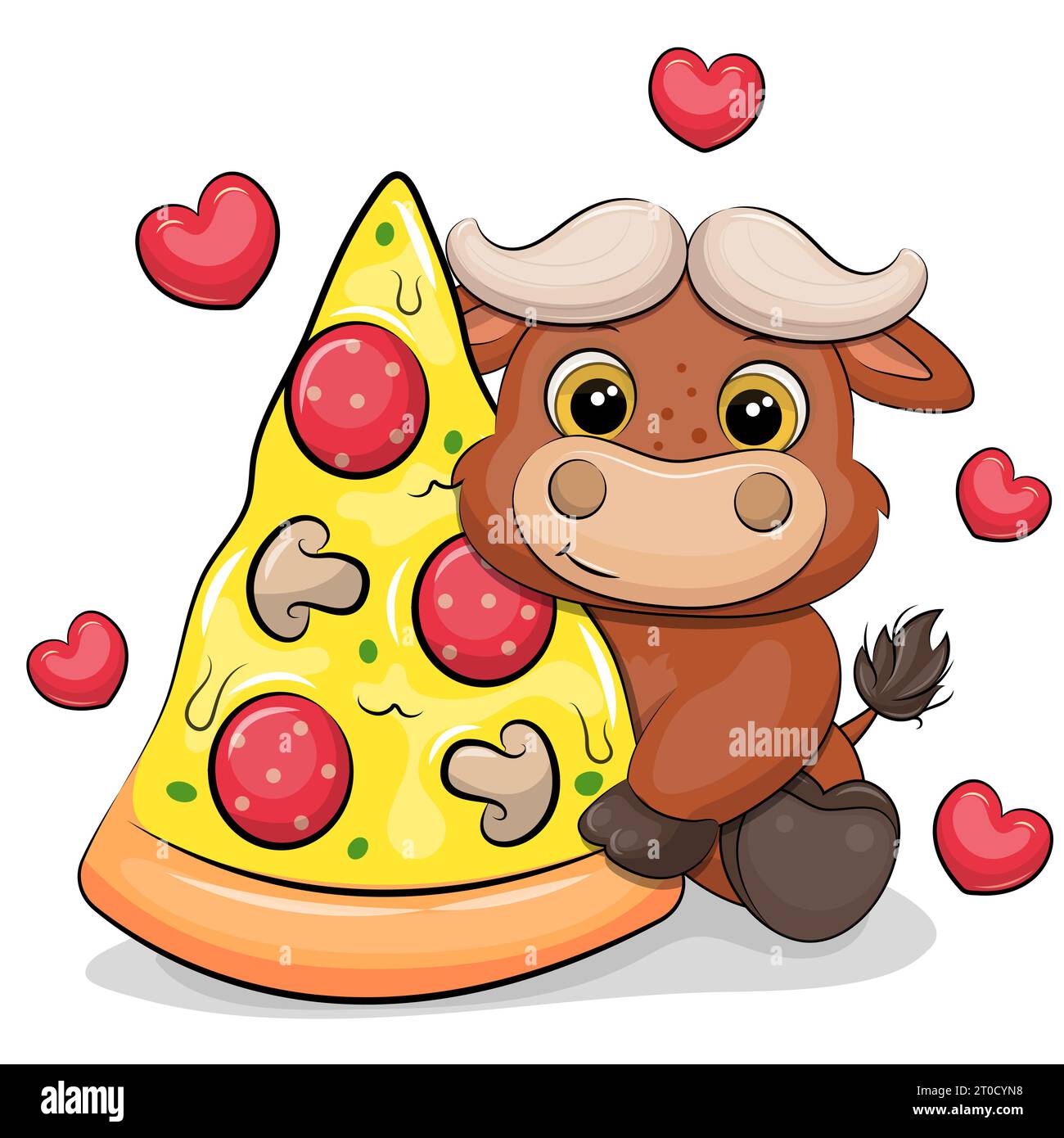 Cute cartoon buffalo with a big piece of pizza. Vector illustration of ...
