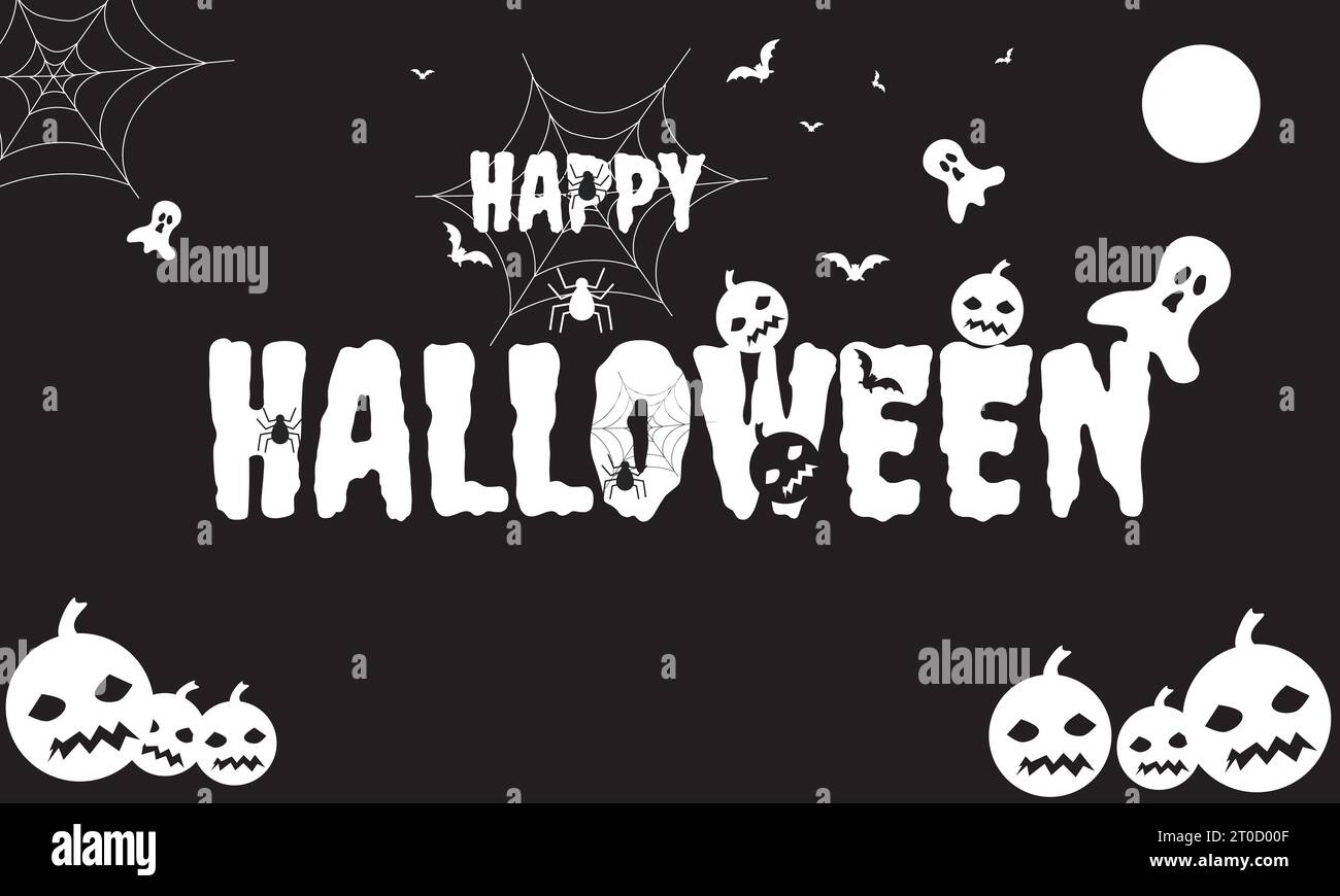 happy halloween black and white text with spider,ghost,bats and pumpkin ...