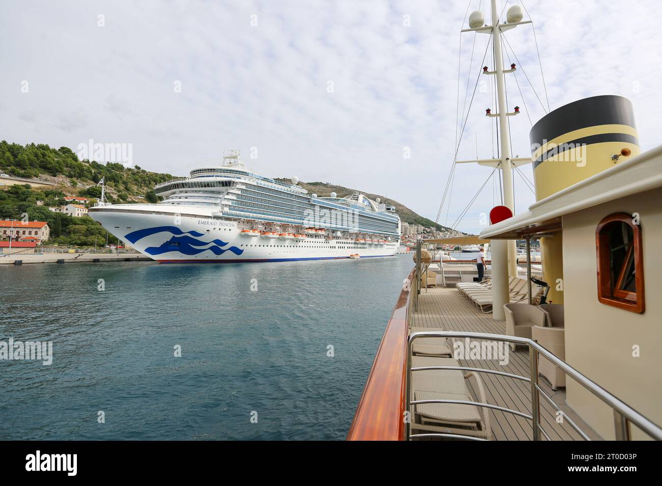 The giant cruise ship Emerald Princess moored in Dubrovnik seen from ...