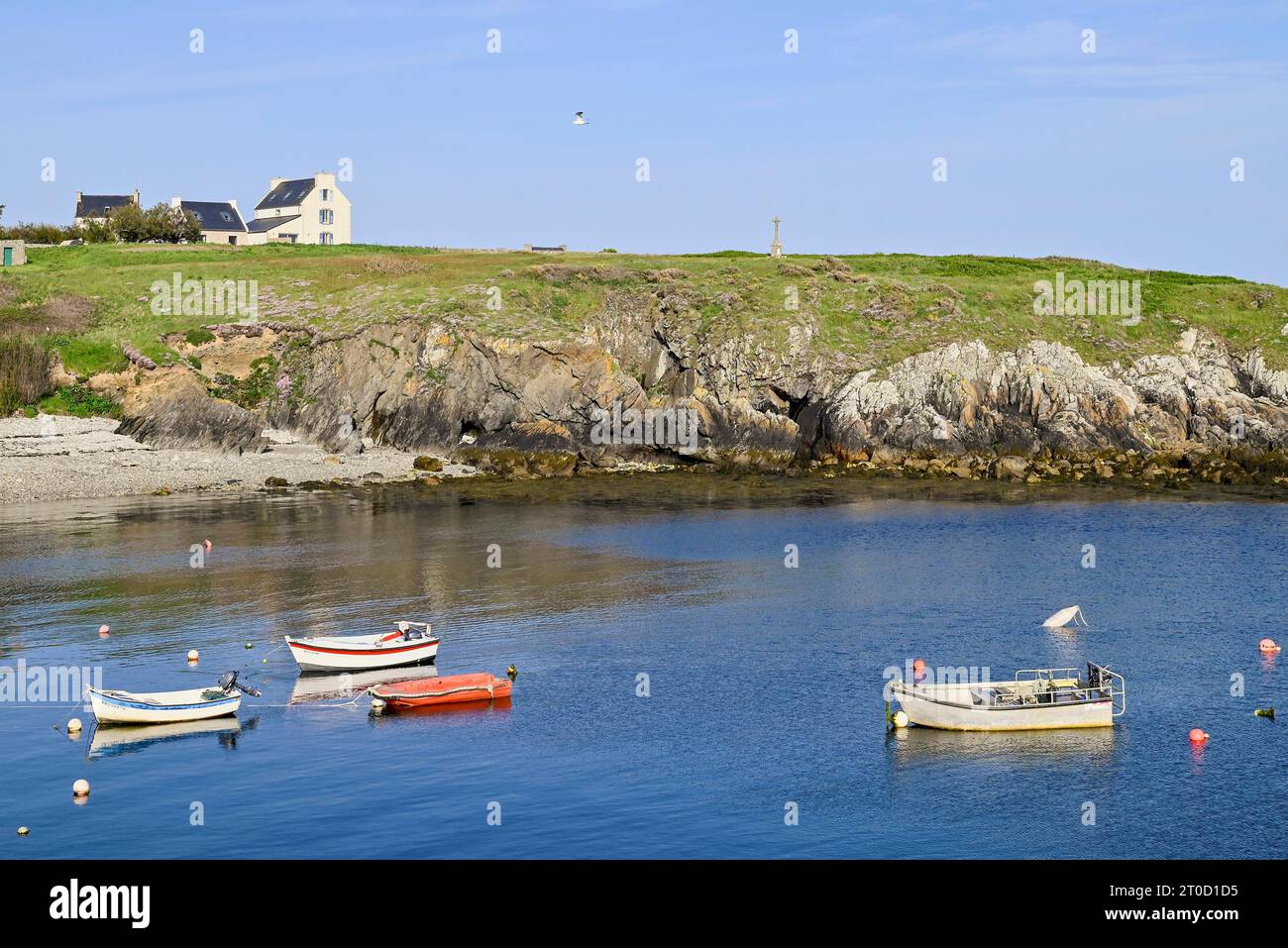 Boats in bay at Lampaul, Ouessant Island, Finistere, Brittany, France ...