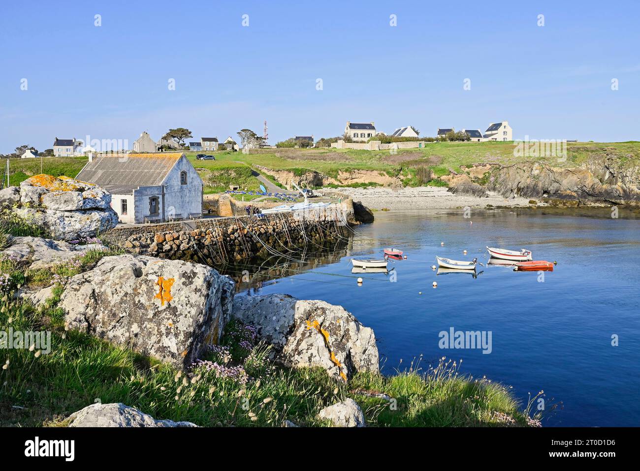Boats in bay at Lampaul, Ouessant Island, Finistere, Brittany, France ...