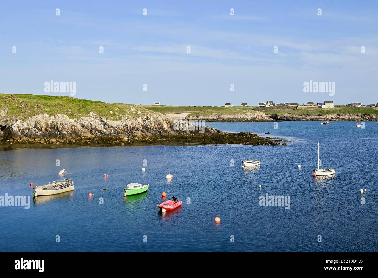 Boats in bay at Lampaul, Ouessant Island, Finistere, Brittany, France ...