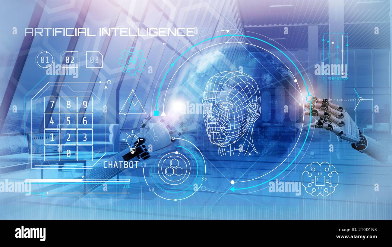 Virtual infographic with 3D human model and learning robots Stock Photo ...