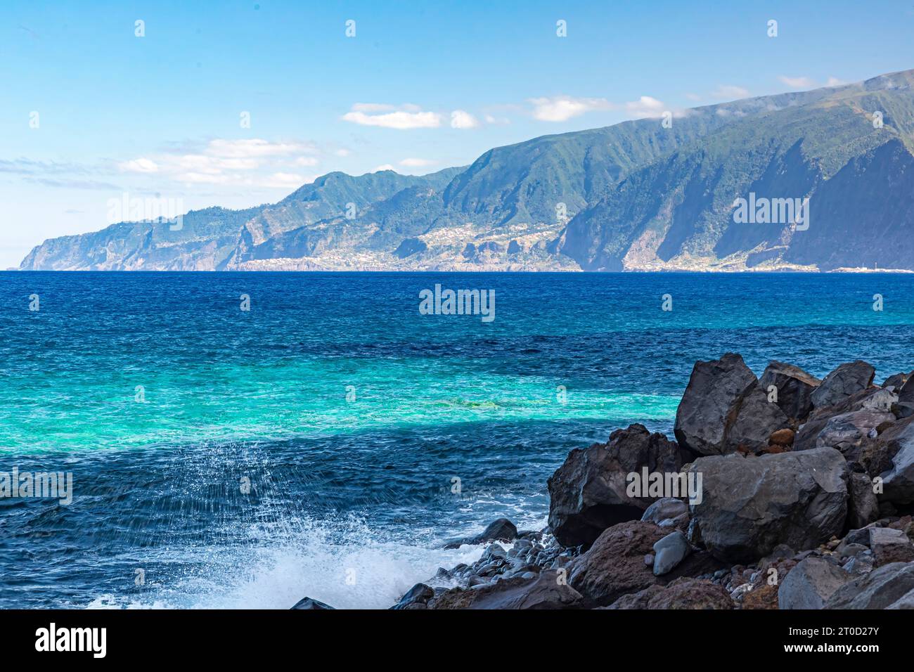 Scene of stony and rough north coast of Madeira island with impressive ...
