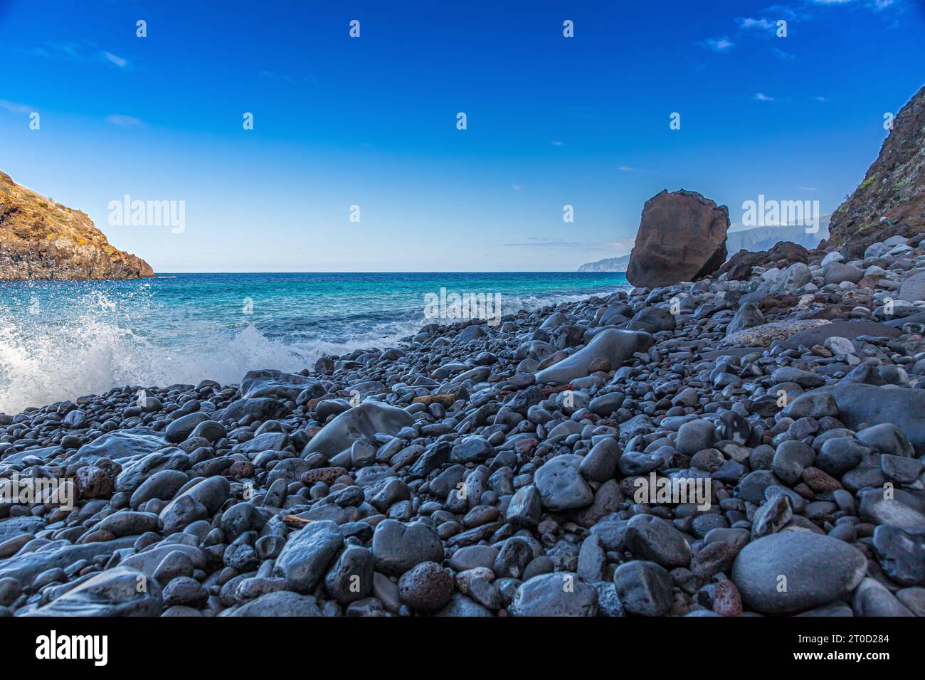 Scene of stony and rough north coast of Madeira island with impressive ...