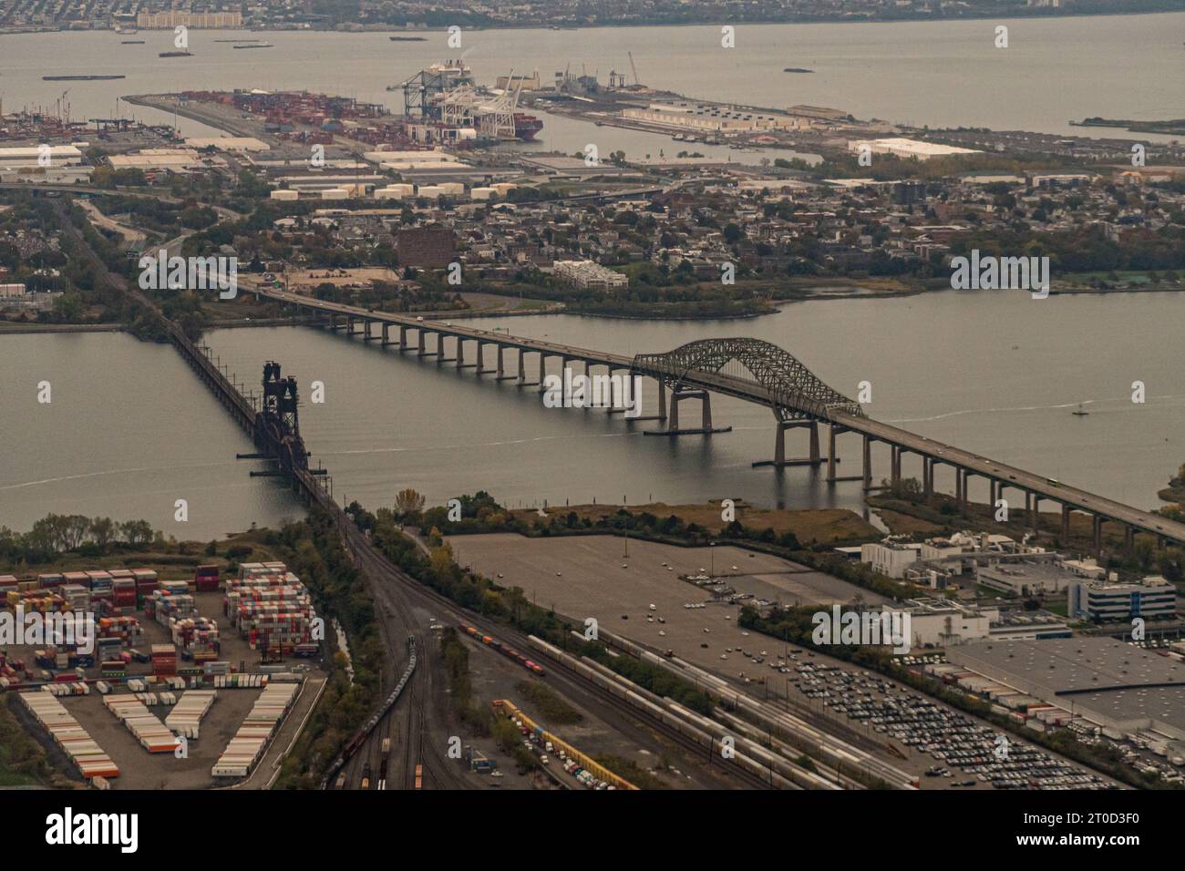 Aerial view of the Newark Bay Bridge and the Railroad Bridge Stock ...