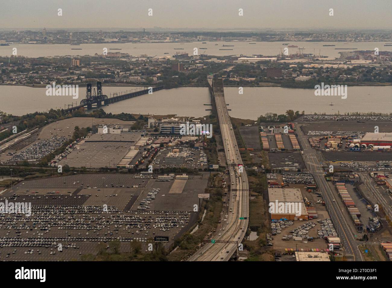 Aerial view of the Newark Bay Bridge and the Railroad Bridge Stock ...