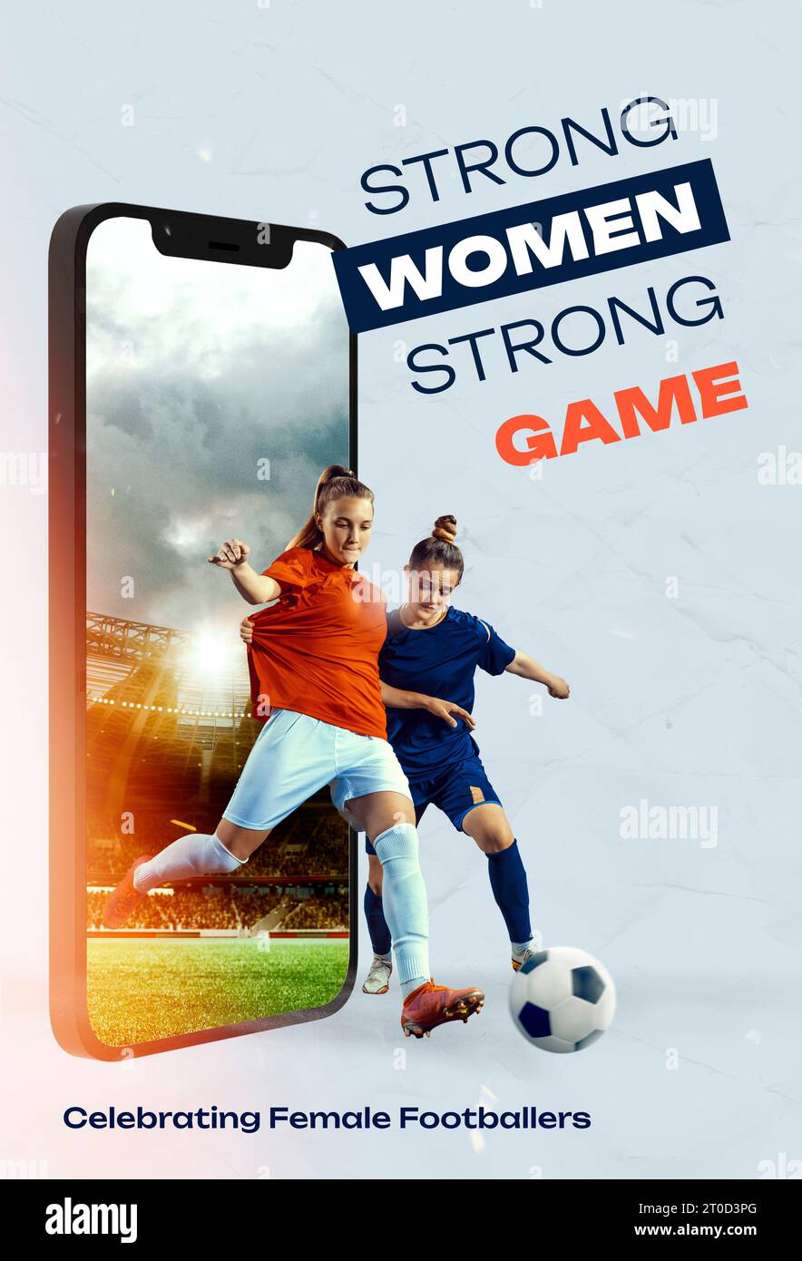 Female football players in motion, two girls during soccer game. Mobile phone screen with ads ...