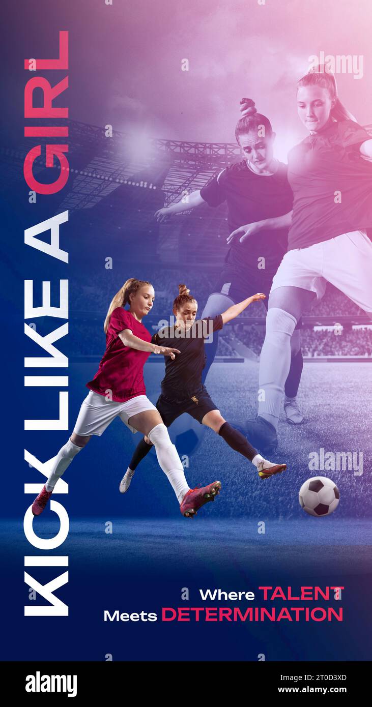 Motivation and ambitions. Female soccer players in motion, young girls ...