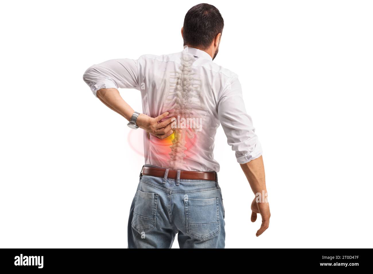 Rear view shot of a young man with a back pain and visible spine bone ...
