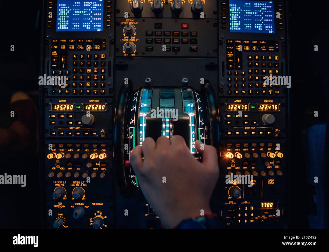 Hand of a pilot at the thrust levers of a jet Stock Photo - Alamy