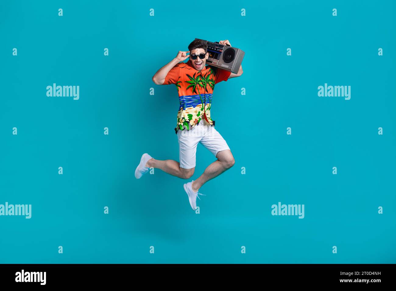 Full body size photo of jumping cool macho energetic guy sunglasses ...