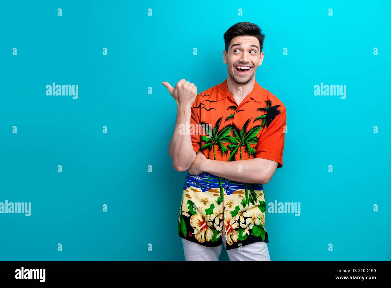 Photo of funny handsome man last day excursion pointing finger mockup ...