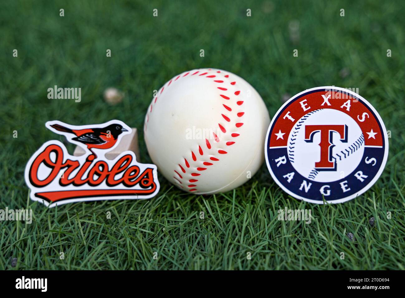 October 3, 2023, Baltimore, United States. Emblems of baseball clubs ...