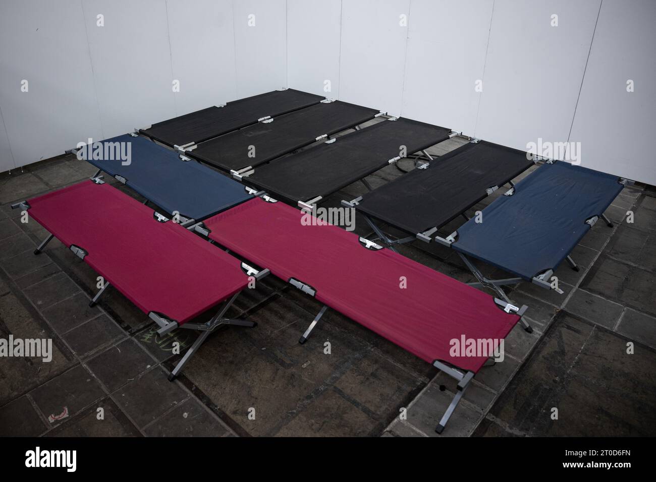 06 October 2023, Hesse, Frankfurt/Main: Camp beds are ready in an ...