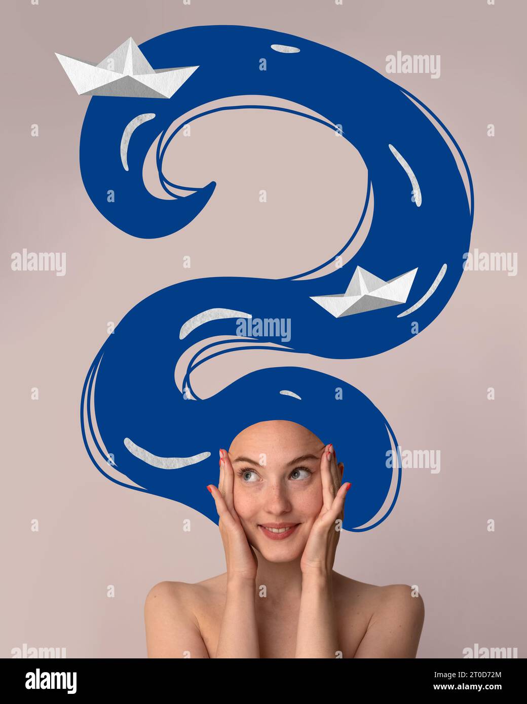 Poster. Contemporary art collage. Cheerful, funny lady with dreams in ...