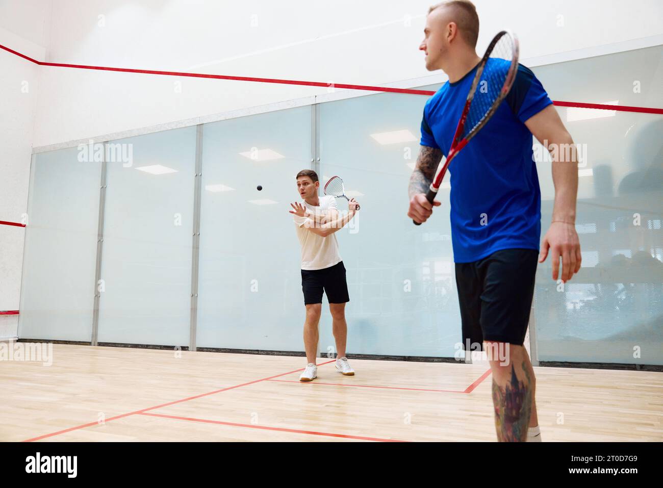 Two young men, friends playing squash together on squash court ...