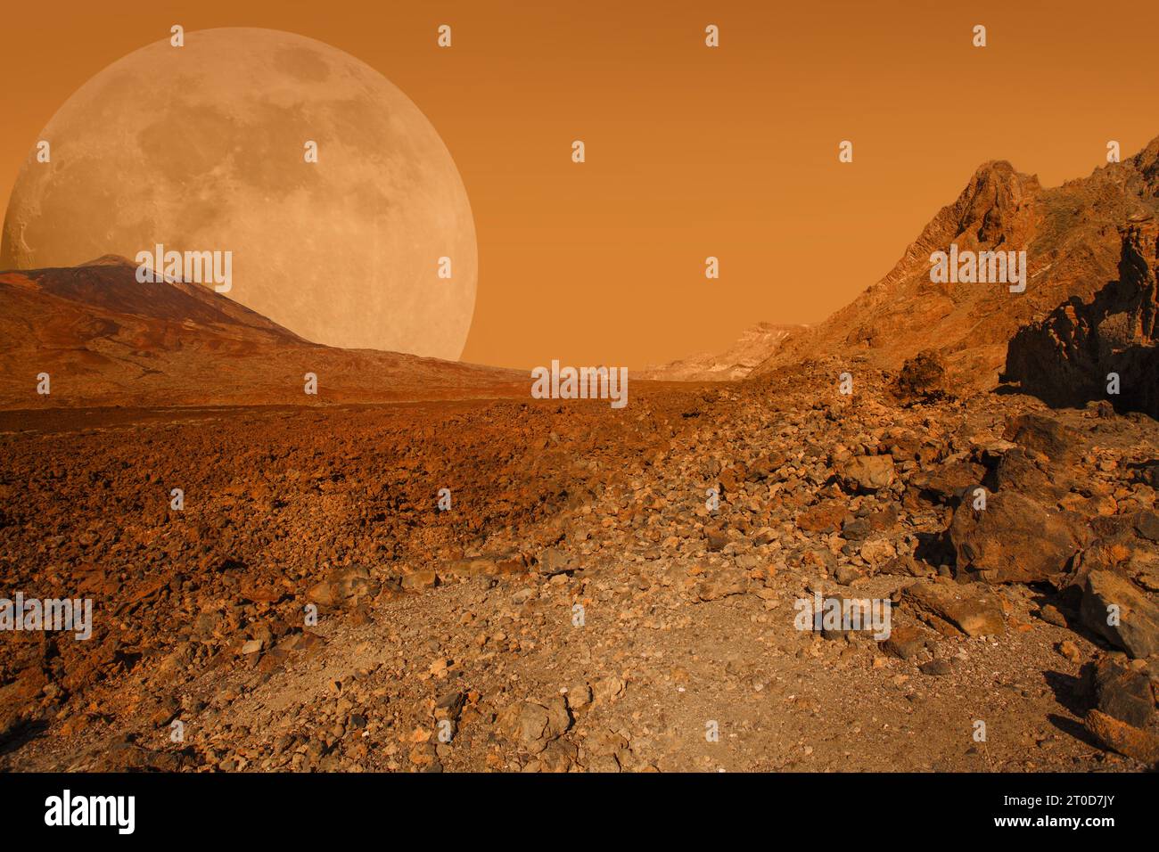 Red cosmic landscape. Mars planet scene with desert, stone, sand and ...