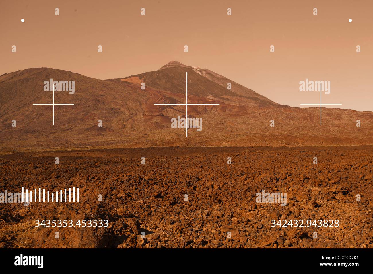 Planet landscape through viewfinder of Mars rover. Cosmic scene with ...