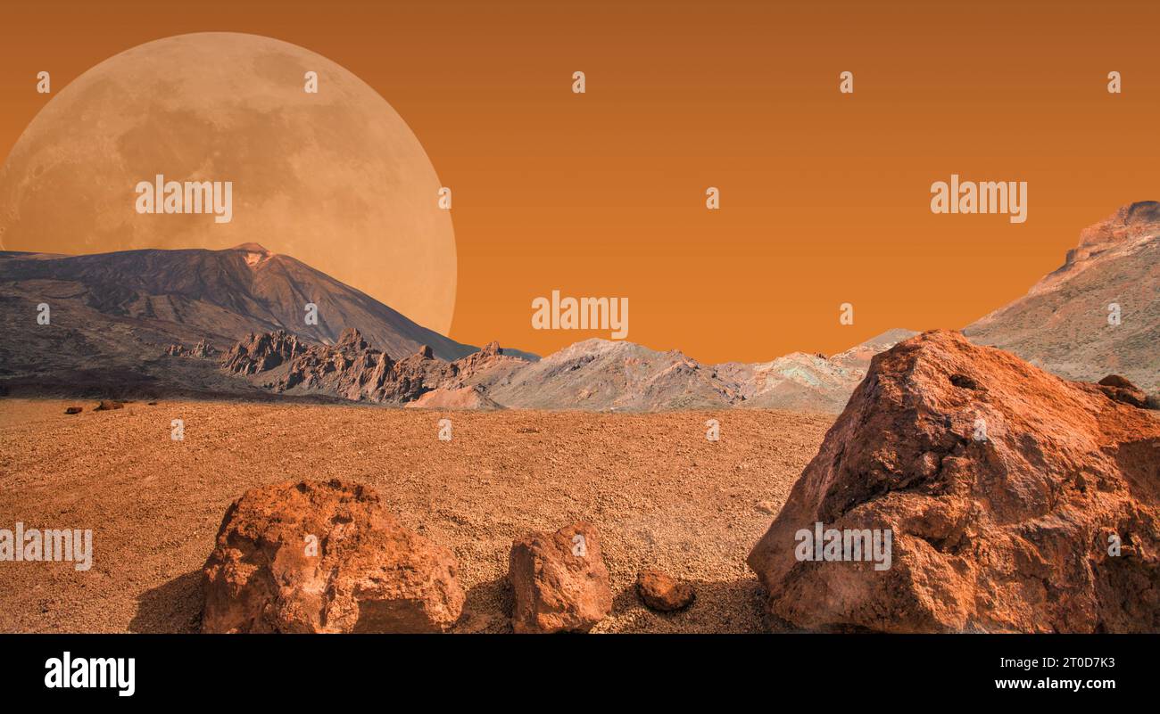 Red Mars planet with arid landscape, rocky hills, mountains and a giant ...