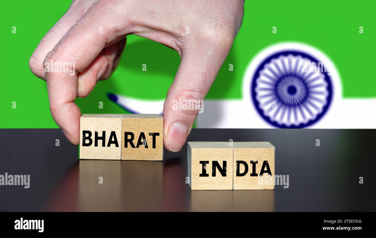Hand pics cubes with the name Bharat instead of India. Symbol for the ...