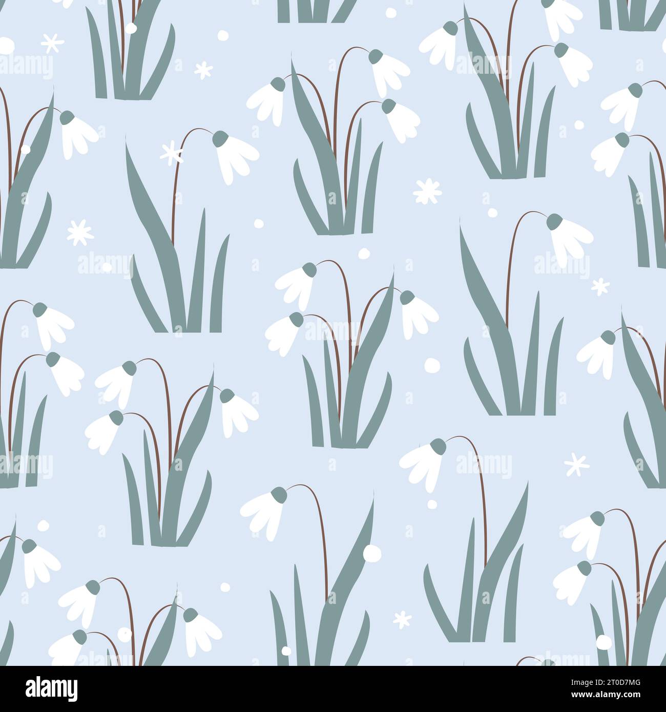 Seamless pattern with Snowdrops flower and snowflakes on light blue ...