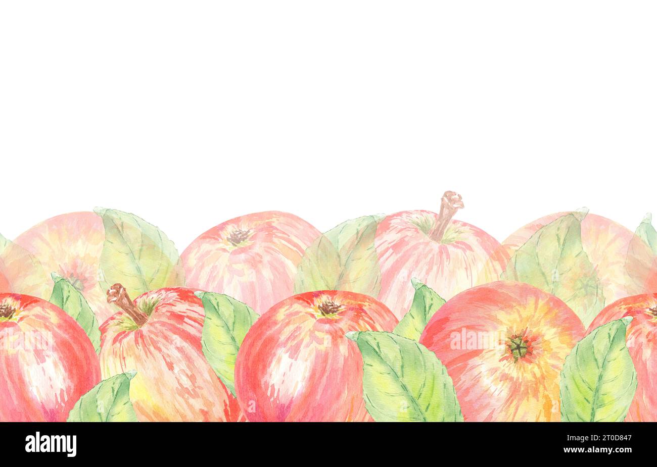 Watercolor seamless border with red apples and leaves. Food ...
