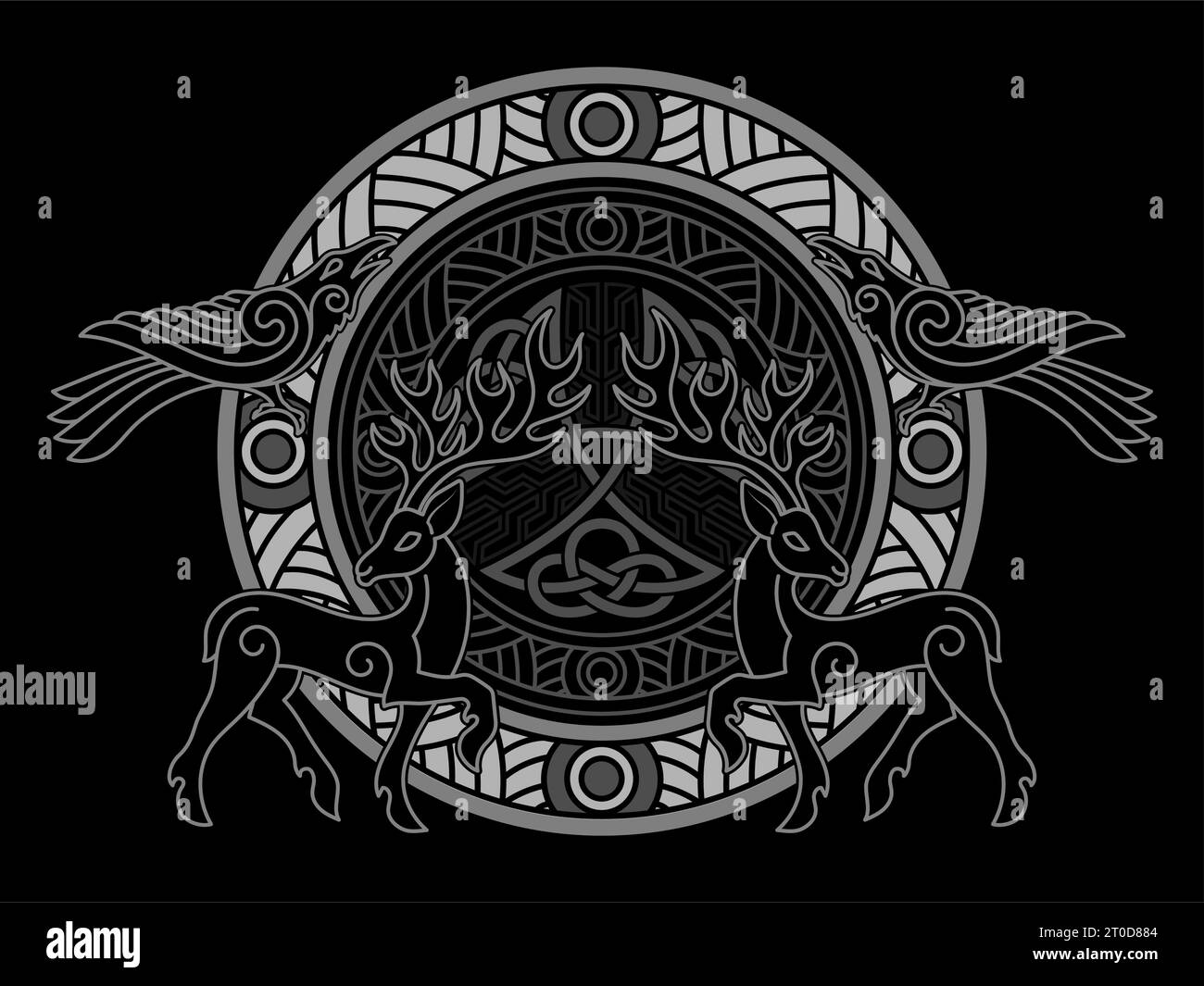 Vintage retro illustration. Deer and Ravens drawn in the ancient Celtic ...