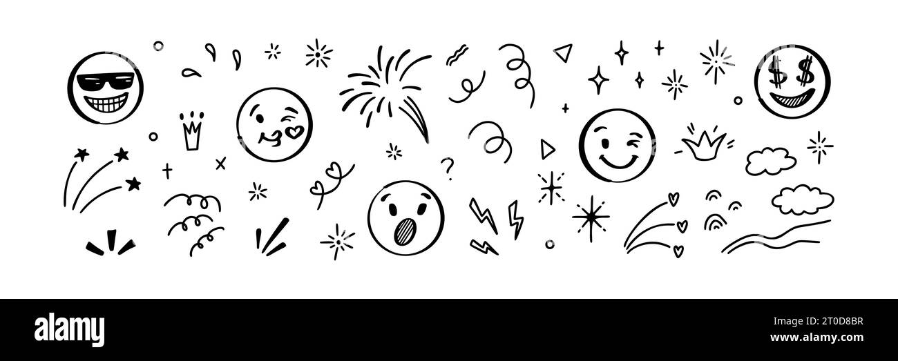 Doodle emoji set. Hand drawn sketch vector illustration. Pack of ...