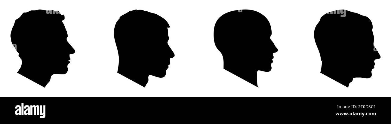 Human head icons set. Profile silhouettes of male heads. Black sign of ...