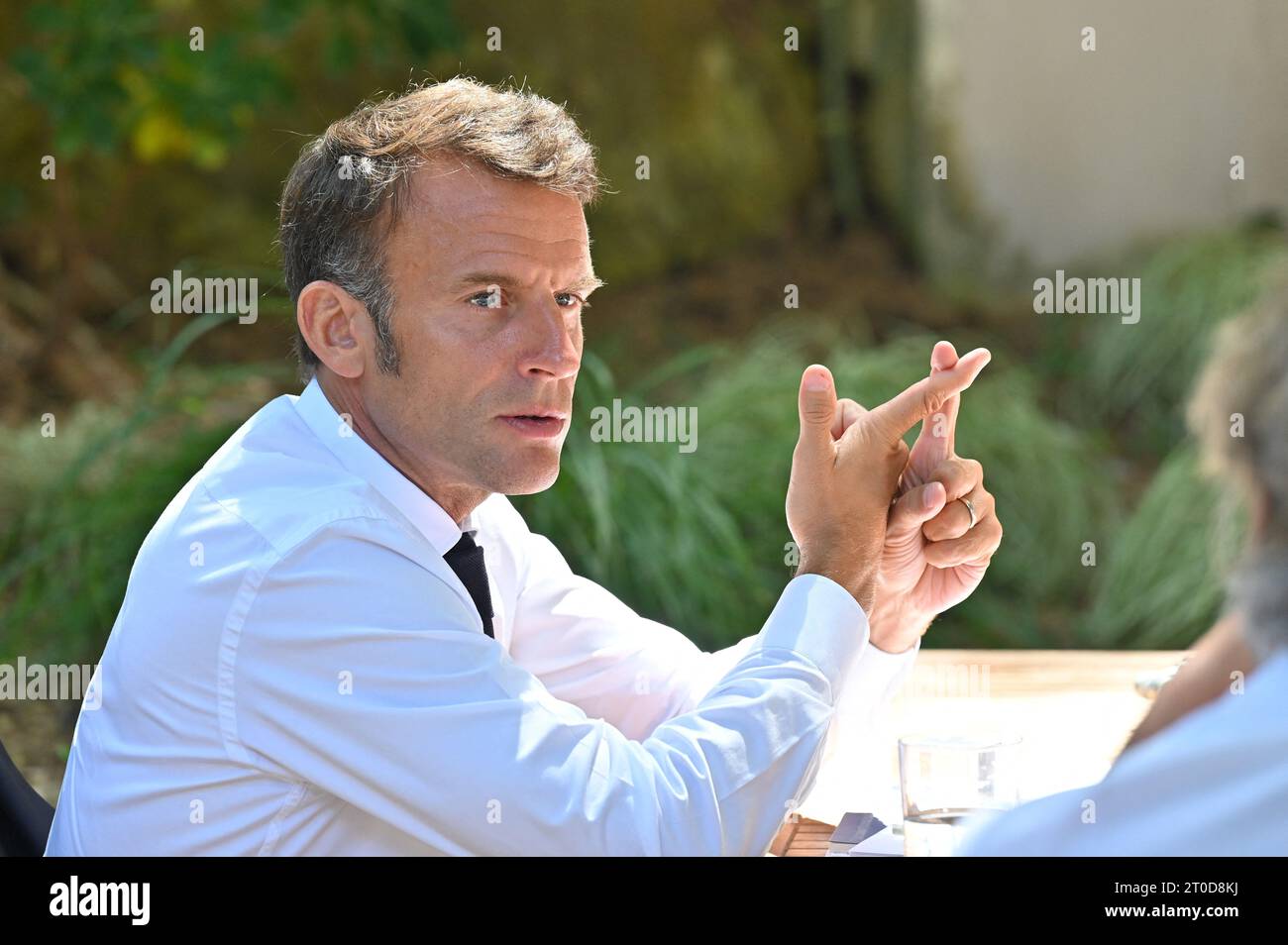 Bormes Les Mimosas, France. 17th Aug, 2023. President Emmanuel Macron ...