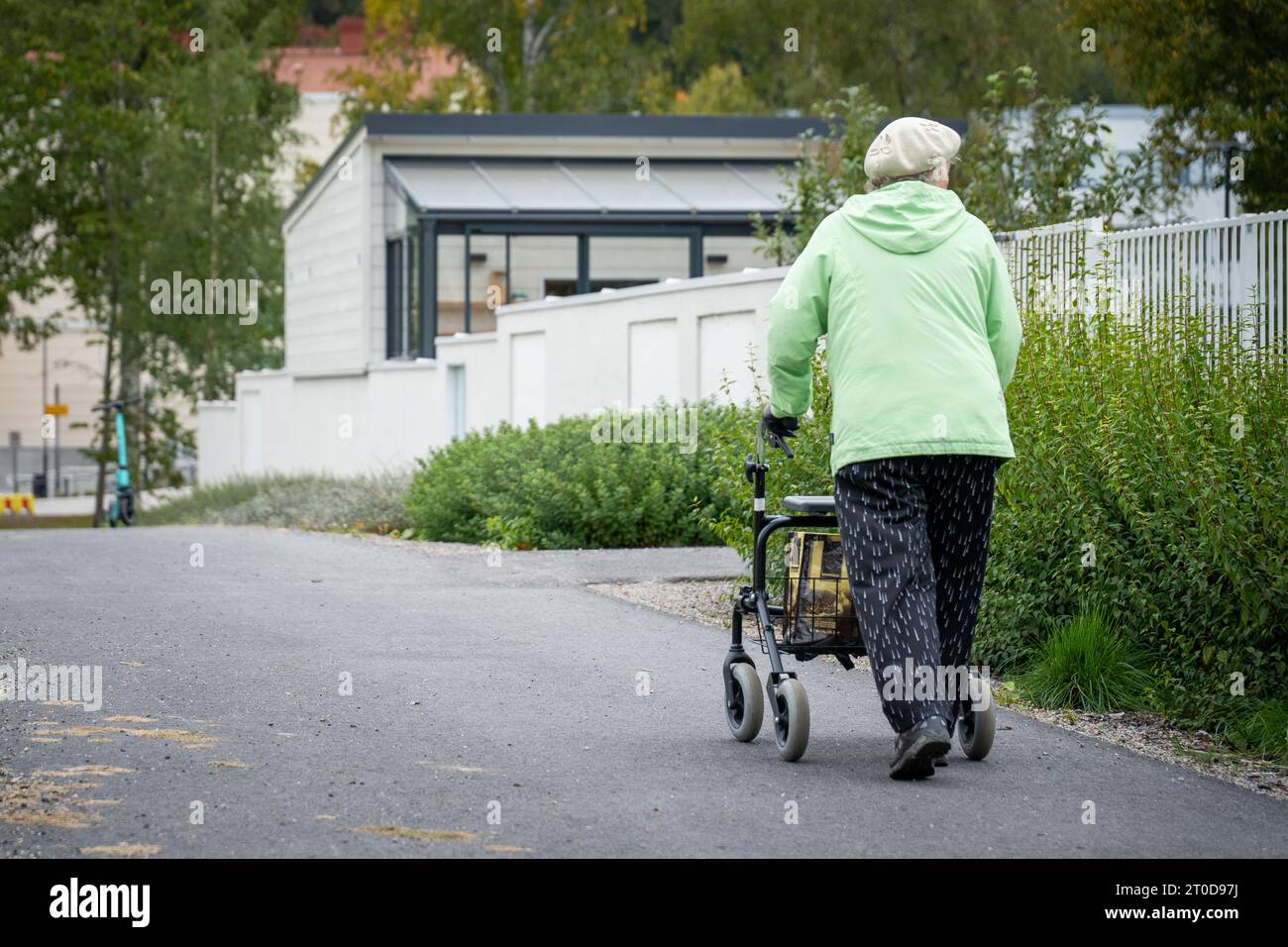 an elder woman walking with a rollator at city streets Stock Photo - Alamy