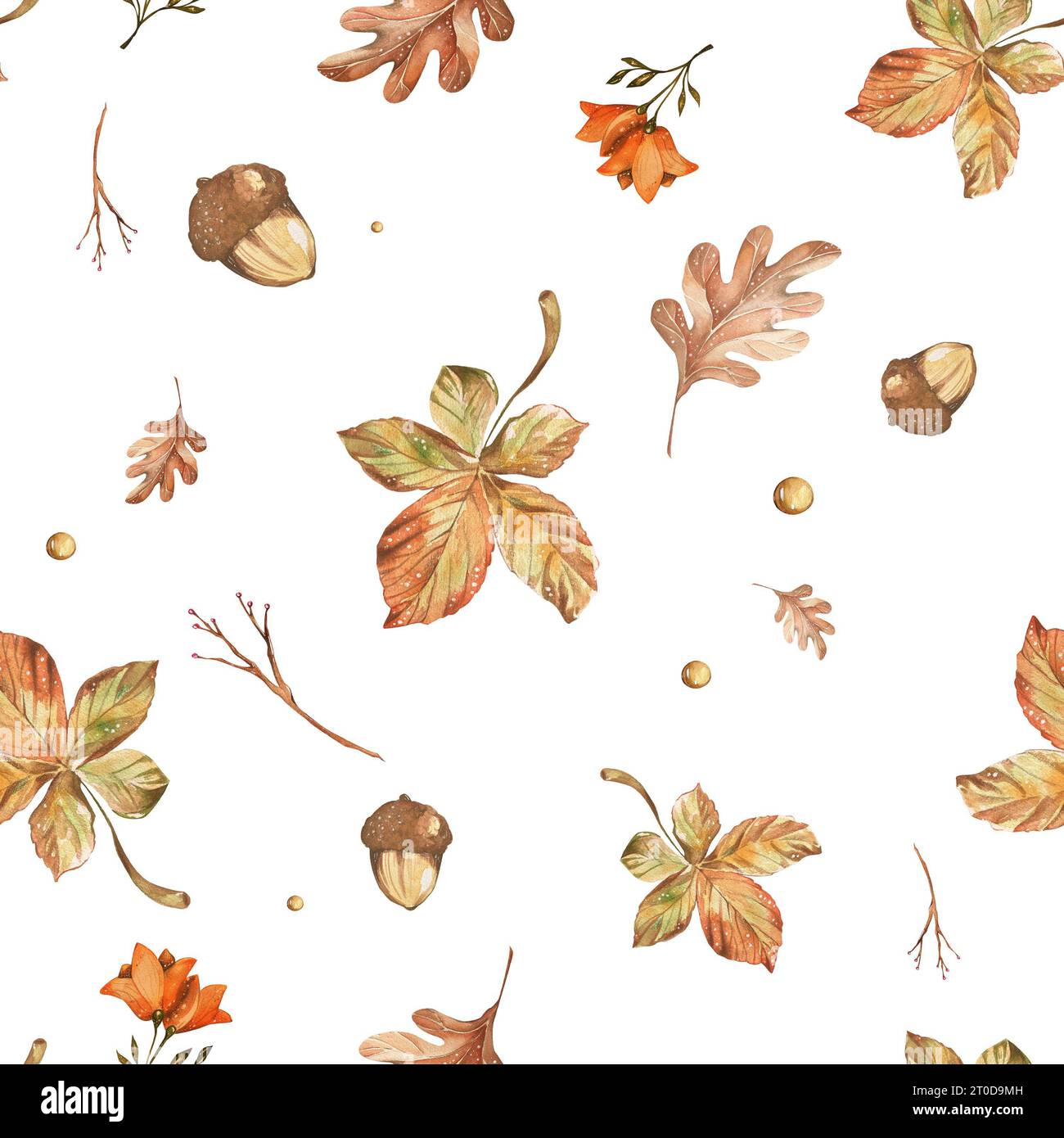 Seamless pattern with hand drawn watercolor fall leaves on on a white ...