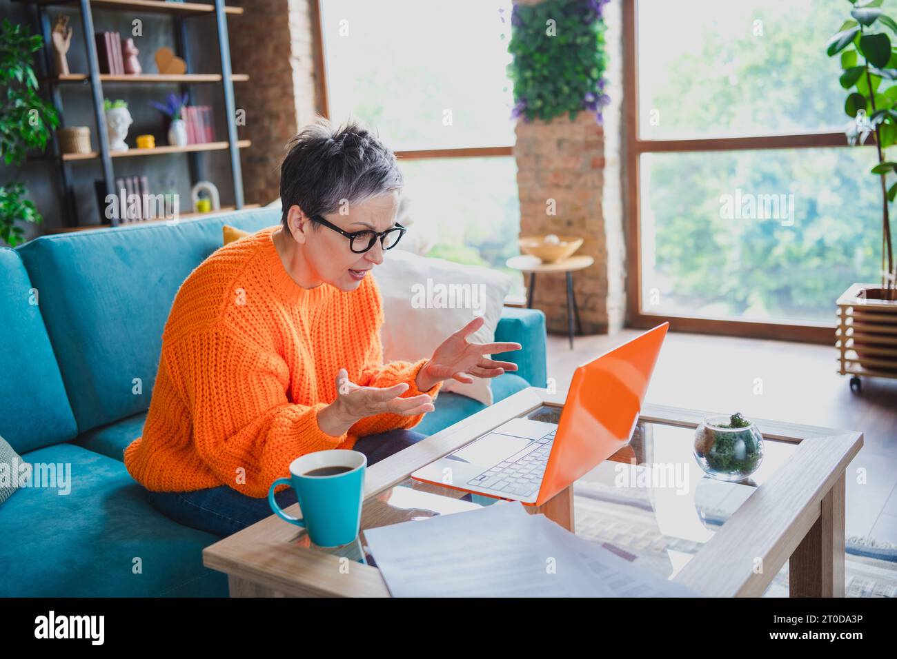 Photo of shocked impressed elderly lady wear orange pullover having ...