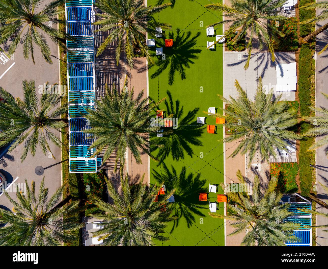 Aerial overhead drone photo of a relaxation patio with palms and ...