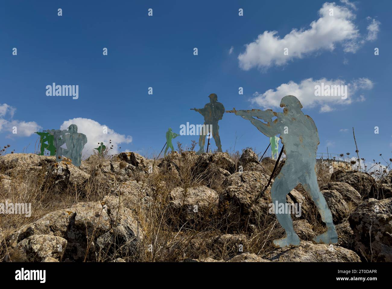 Soldier-shaped metal statues in Tel Saki which was the site of one of ...