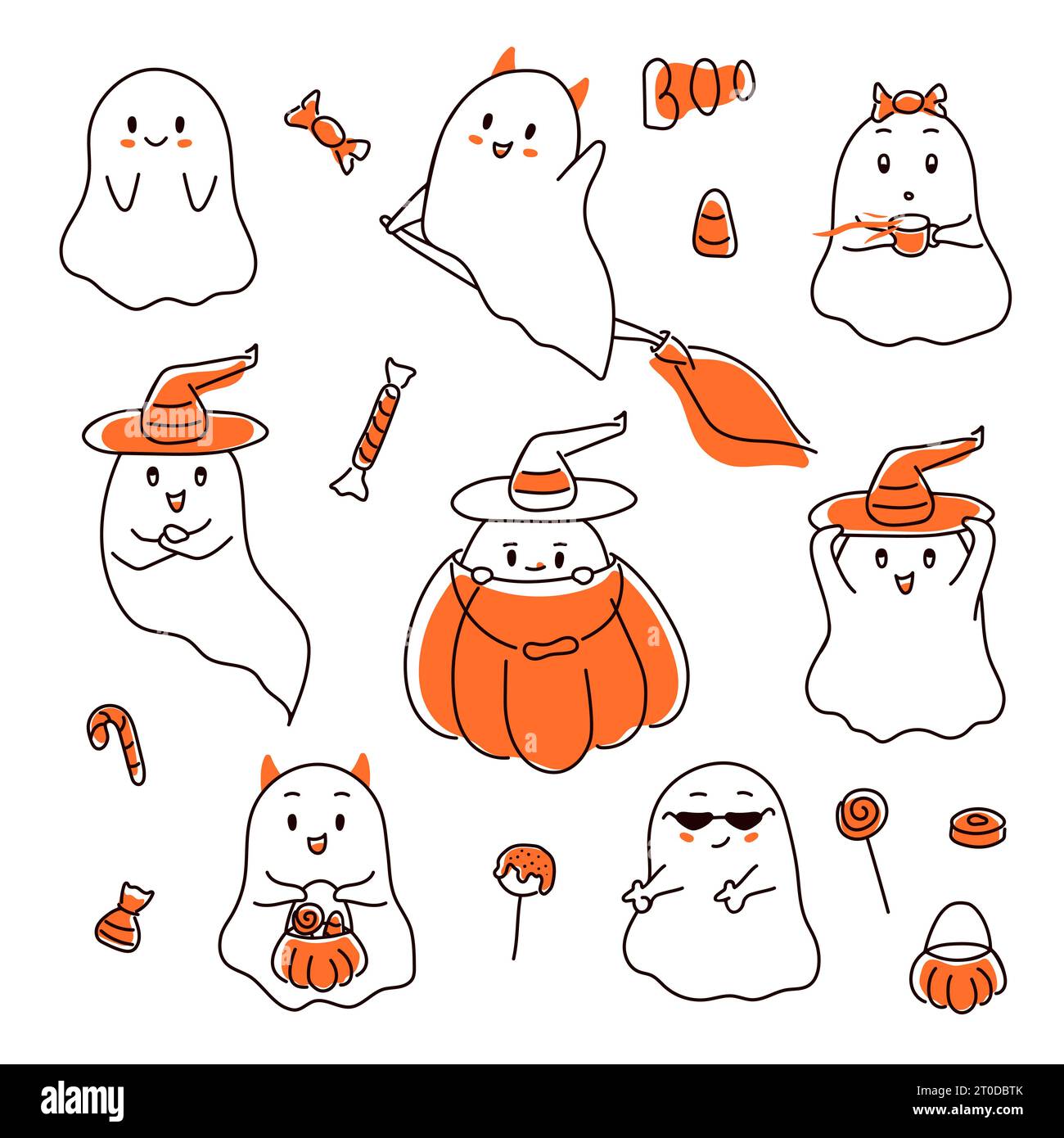 Set of cute ghost in doodle style. Collection of flying spirit ...