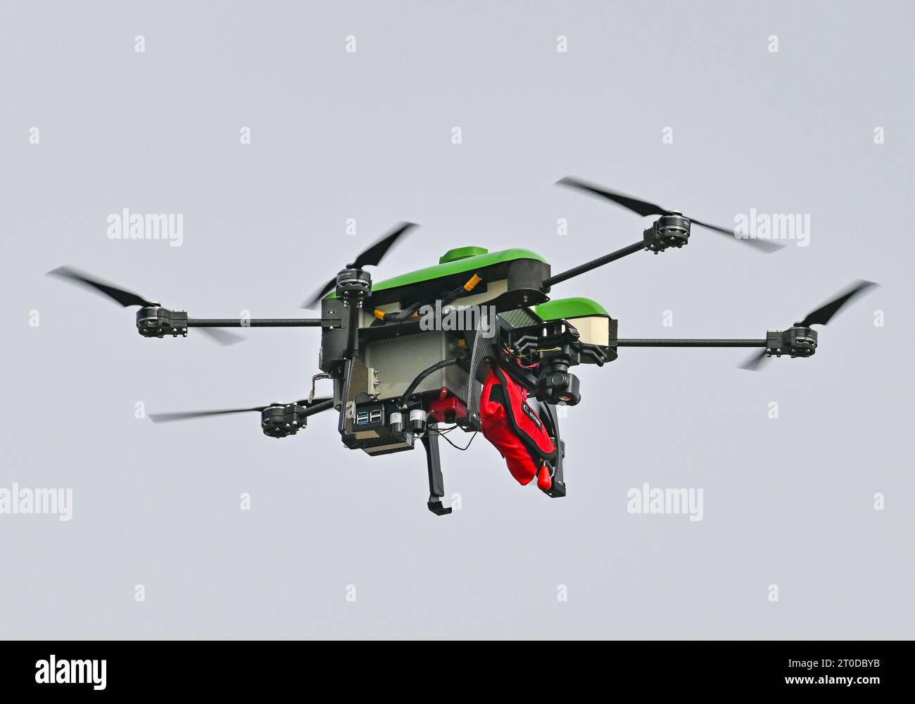 06 October 2023, Saxony, Elsterheide: A special rescue drone (a ...