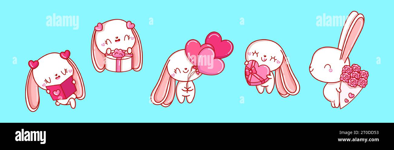Set of Kawaii Rabbit Illustrations. Collection of Cute Vector Isolated ...