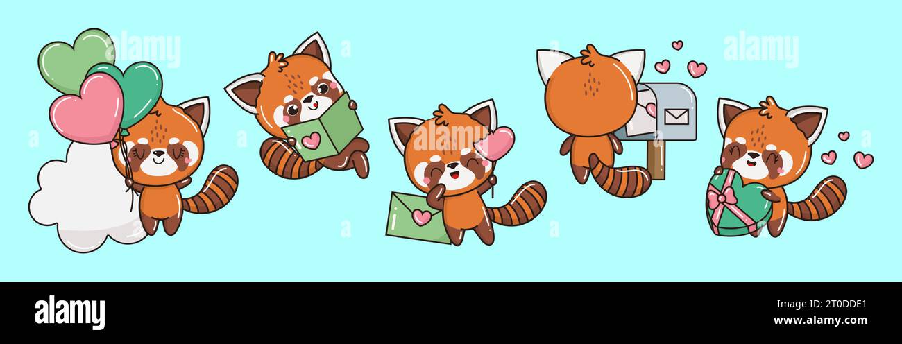 Set of Kawaii Red Panda Illustrations. Collection of Cute Vector ...