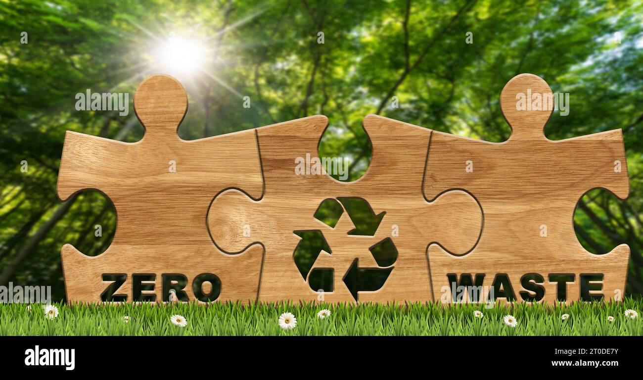 Wooden puzzle pieces with text, Zero Waste, and a Recycling Symbol. On ...