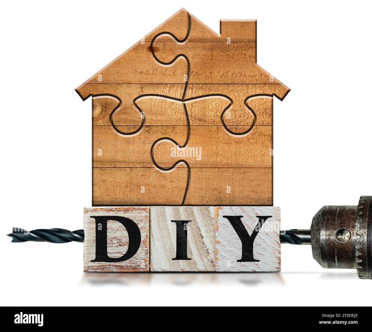 DIY text (do it yourself), made of wooden blocks and a wooden house ...