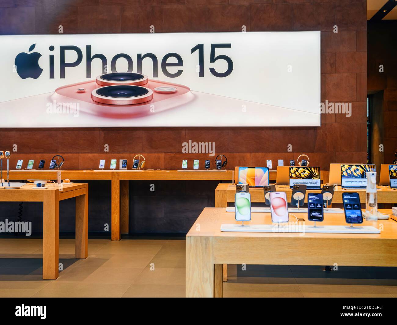 Paris, France - Sep 22, 2023: n empty Apple Store features a prominent ...