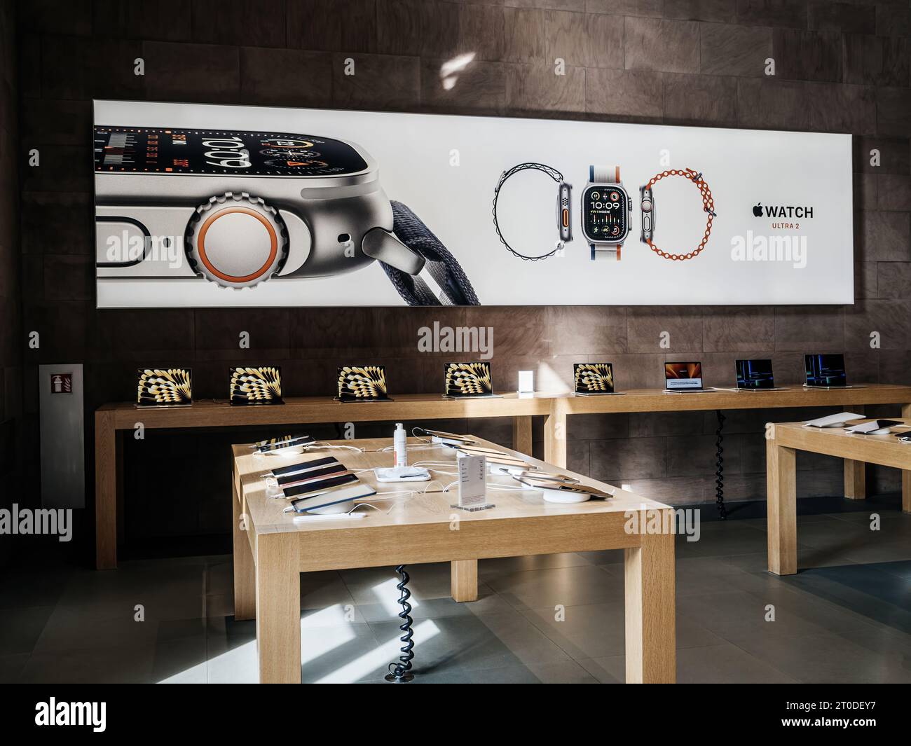 Paris, France - Sep 22, 2023: An empty Apple Store spotlights iPad ...