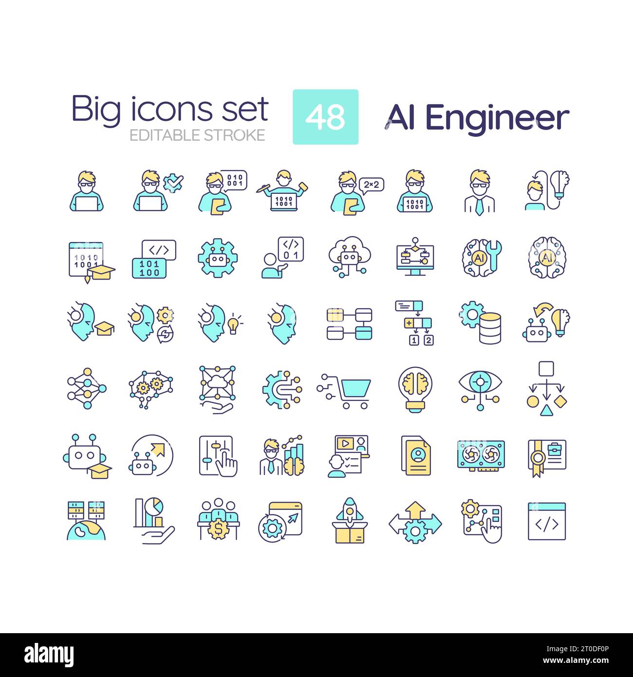 Editable Multicolor Big Icons Representing Ai Engineer Stock Vector