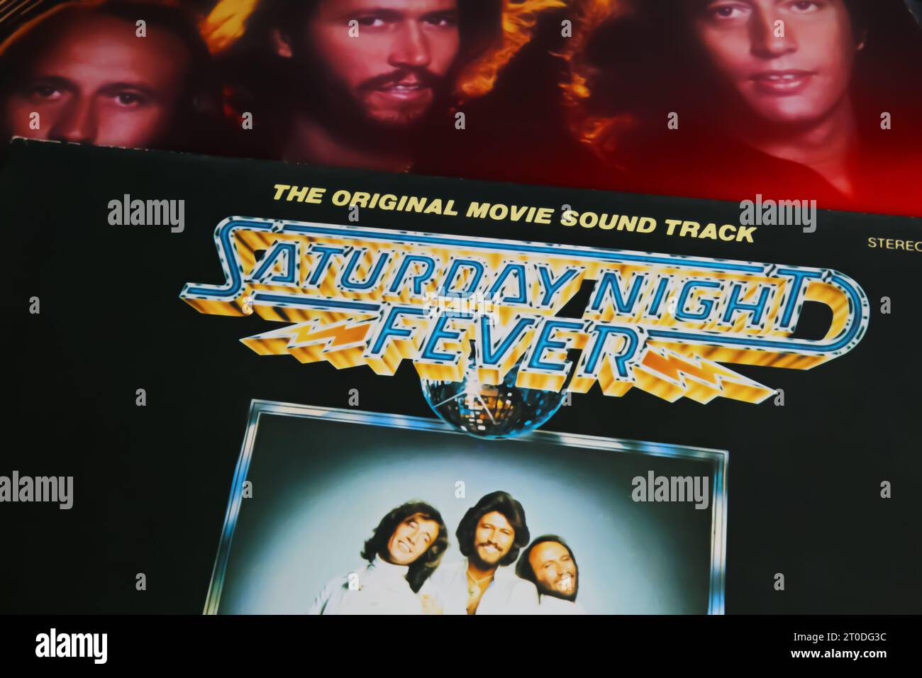 Viersen, Germany - March 9. 2023: Closeup of vinyl record cover with soundtrack of saturday ...