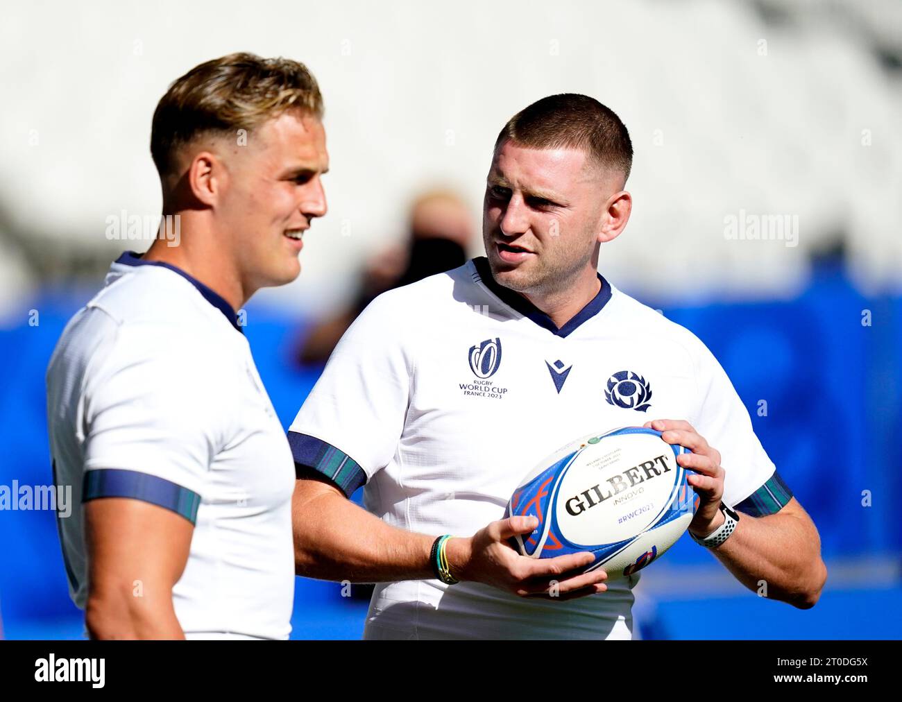 Scotland's Finn Russell (right) and Duhan van der Merwe during the team ...