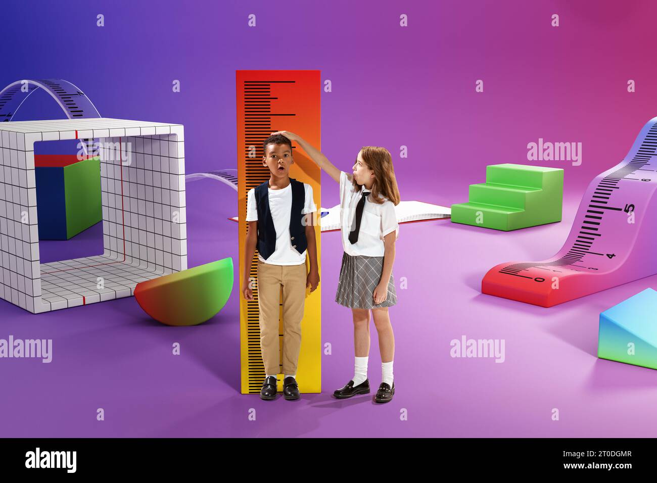 Measuring height. School boy and girl, children standing among 3D ...