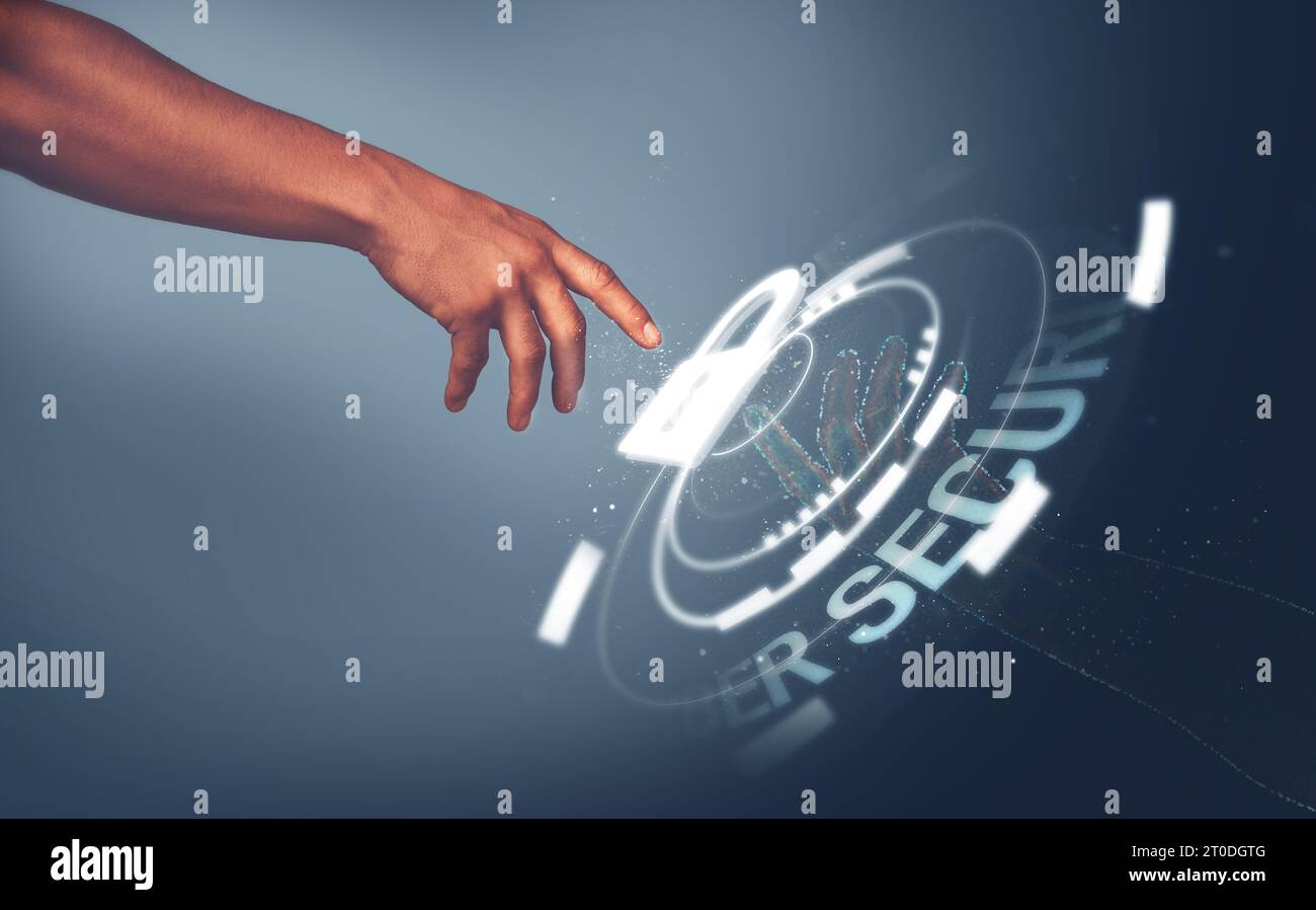 Hand, lock and hologram overlay for cyber security, web safety and ...