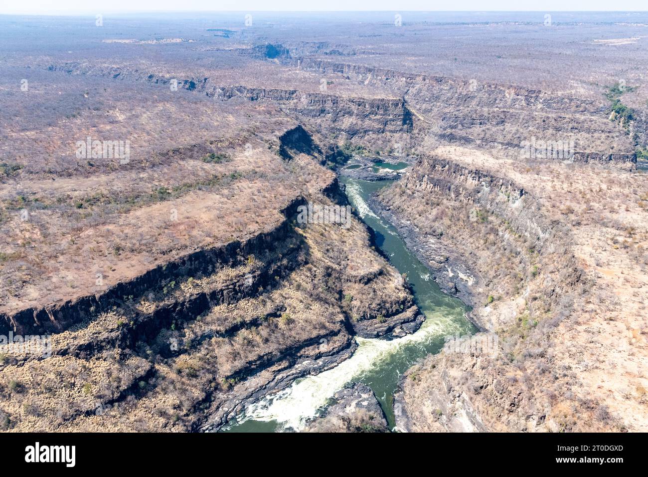 Aerial shot of the lower river gorge of the Zambezi river in southern ...